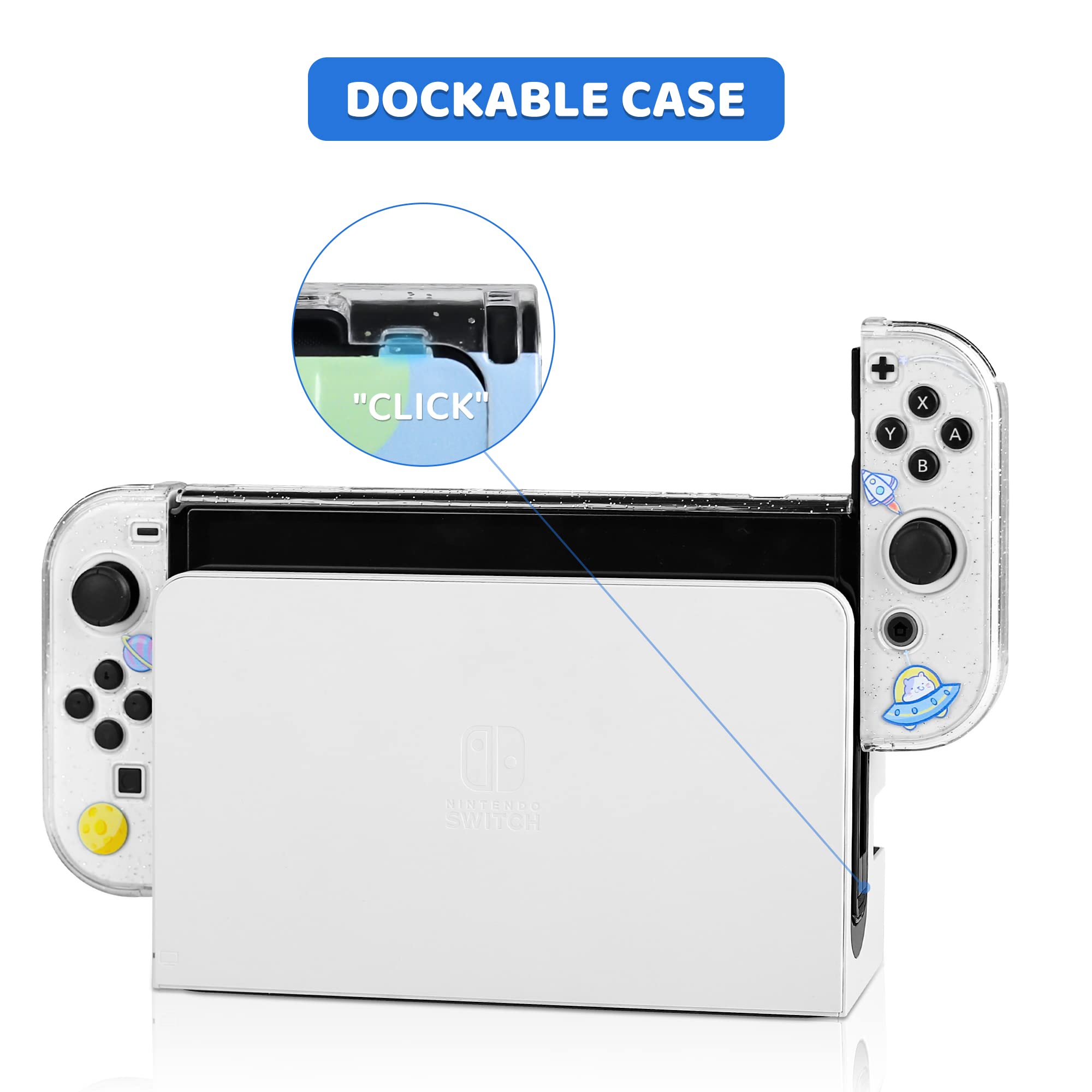 Glitter Case Compatible with Nintendo Switch OLED, FANPL Cute Dockable Cover with Space Cat & Dog Pattern for Switch OLED Console and Joycon, Hard PC Shell with Ergonomics Grip Case, Kawaii Skin