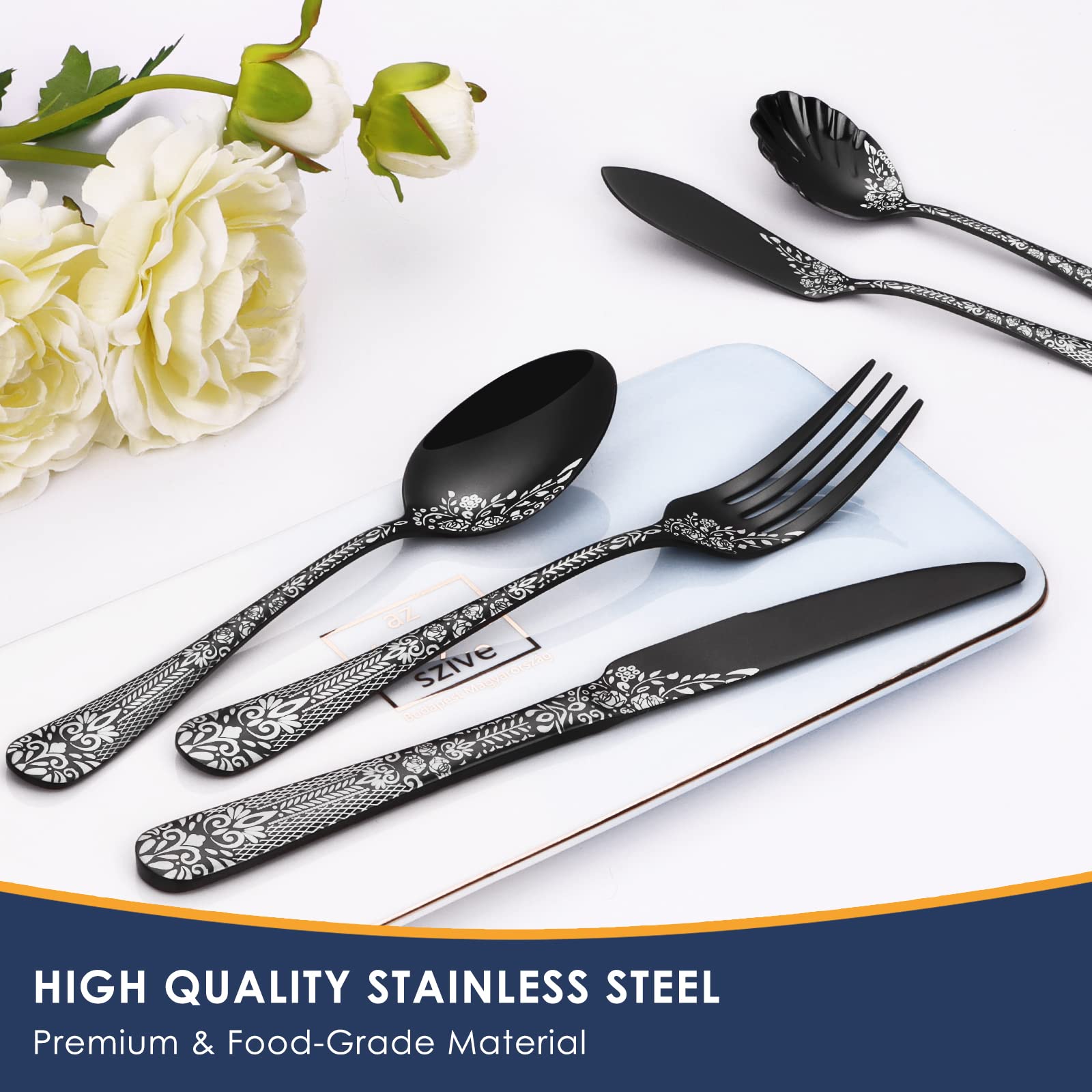 EUIRIO 53-Piece Black Silverware Set with Serving Utensils, Black Flatware Set for 8, Stainless Steel Mirror Cutlery Set, Spoons Forks Knives with Unique Floral Laser, Tableware Set, Dishwasher Safe