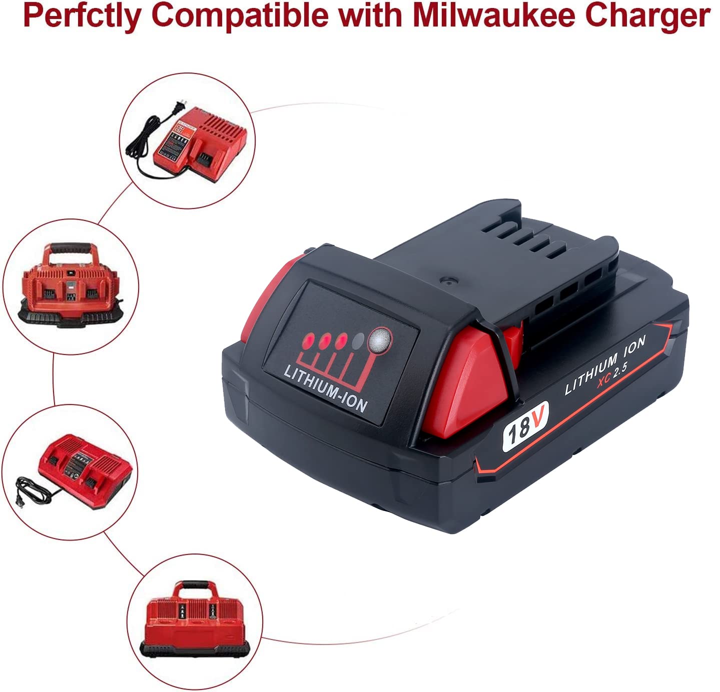 Epowon 2500mAh 18Volt Replacement Battery for Milwaukee 18V M18 Battery XC Compact 48-11-1811 48-11-1815 48-11-1820 Power Tools