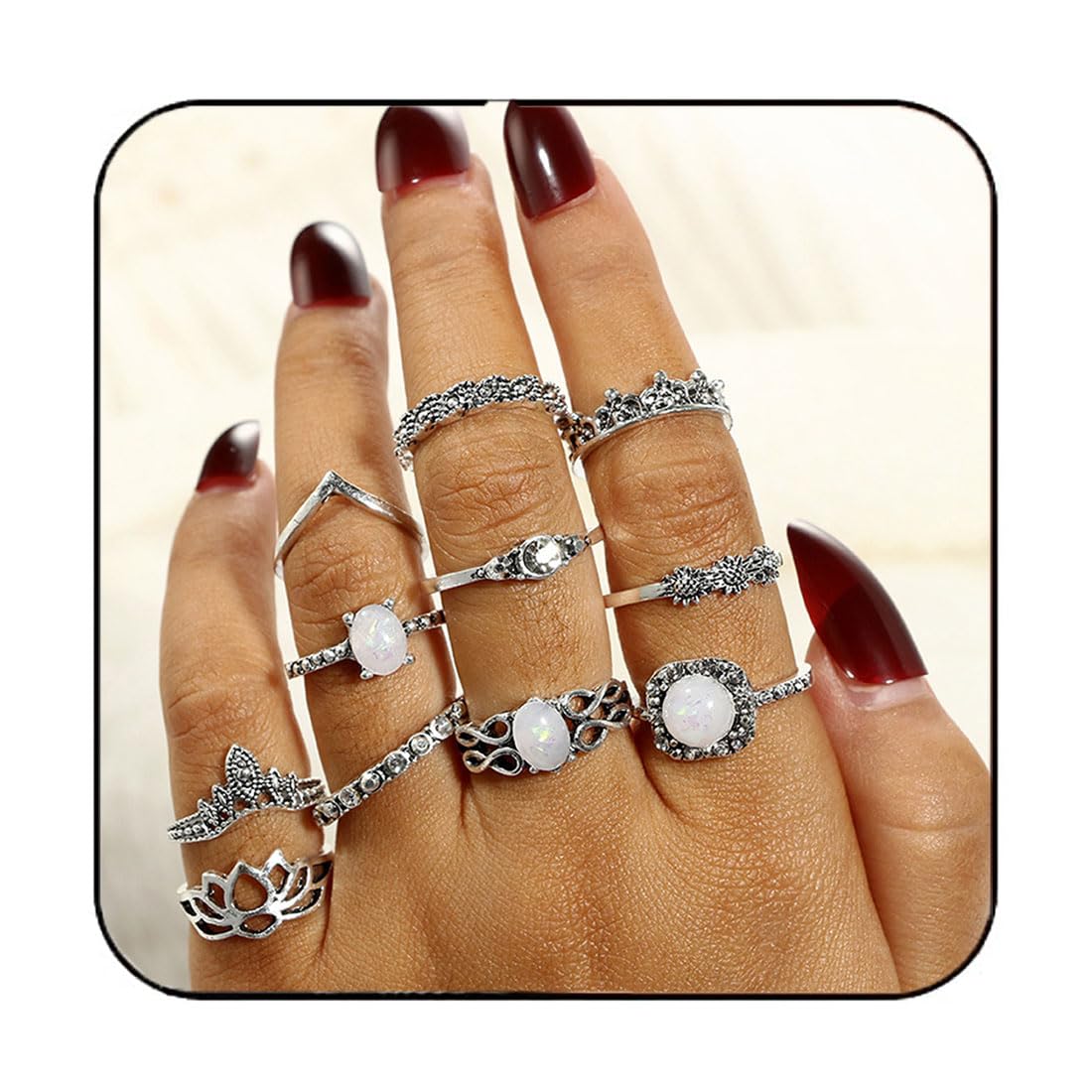 Edary Vintage Rings Set Gemstone Knuckle Rings Carved Stackable Rings Silver Lotus Mid Rings for Women and Girls(11PCS)