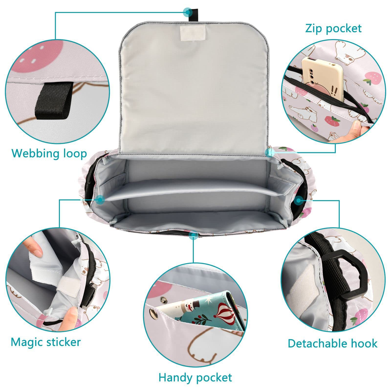 Kigai Cartoon White Bear Baby Stroller Organizer with Cup Holders, Secure Hooks Accessories Adjustable Strap Stroller Bag for Bottle, Diaper, Phone, Toys, Baby Items