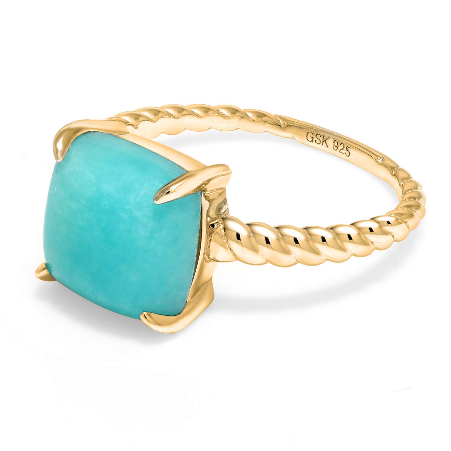 Gem Stone King 18K Yellow Gold Plated Silver Sleeping Beauty Turquoise Women Ring (10MM Square Cabochon, Available in size 5, 6, 7, 8, 9)