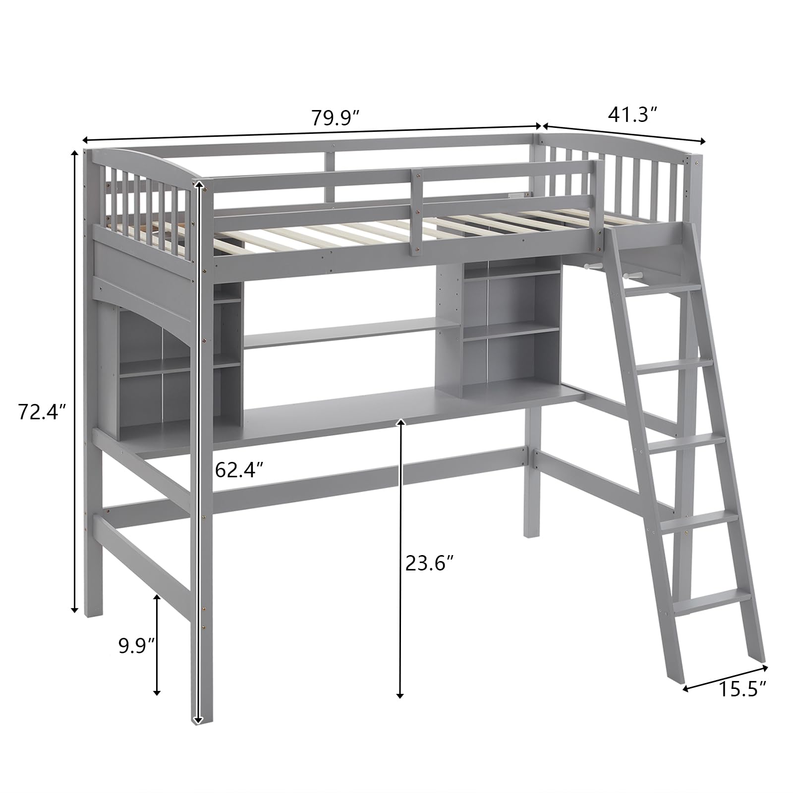 Karl home Loft Bed Twin Size, Wood Bed Frame with Safety Guardrails and Inclined Ladders, Bunk Bed with Desk and Shelves, Grey