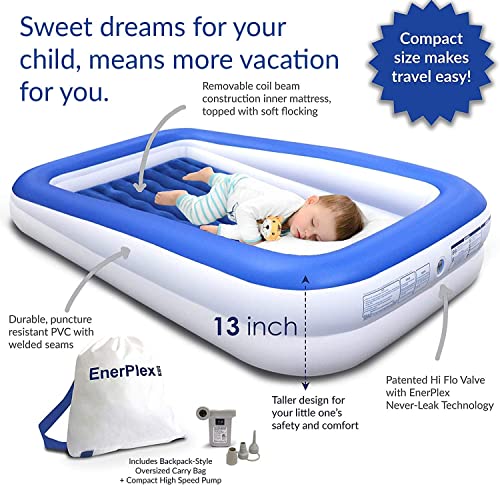 EnerPlex Kids Inflatable Travel Bed with High Speed Pump, Portable Blow up Toddler Air Mattress with Sides – Built-in Safety Bumper - Blue