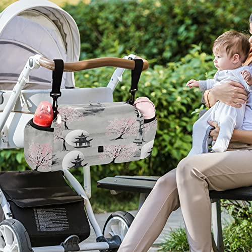 Kigai Cherry Blossom Trees Pagoda Baby Stroller Organizer with Cup Holders, Secure Hooks Accessories Adjustable Strap Stroller Bag for Bottle, Diaper, Phone, Toys, Baby Items