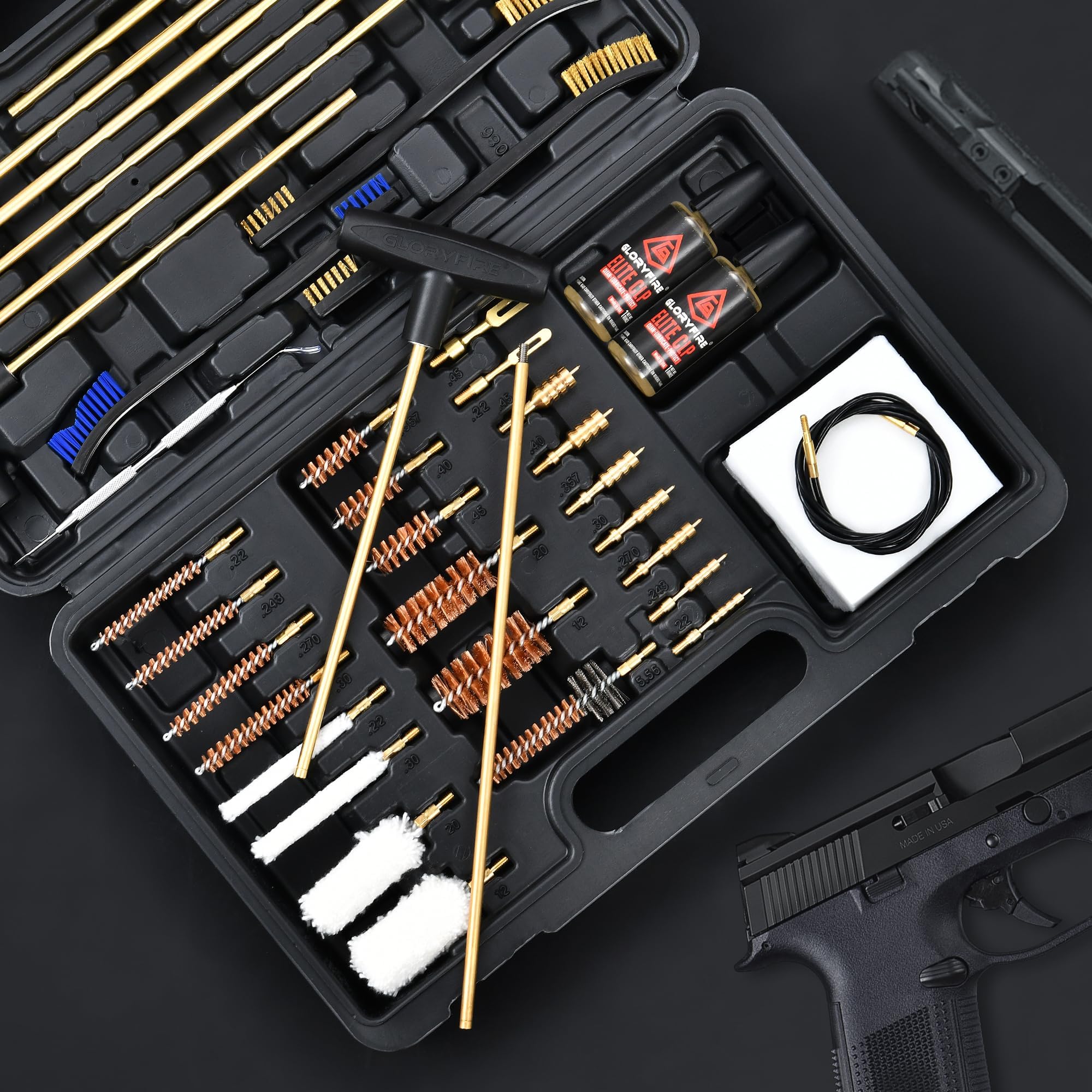GLORYFIRE Elite Gun Cleaning Kit for Handgun Shotgun Rifle Cleaning Kit for All Guns with Reinforced and Lengthened Rods, Cotton Mop, High-end Double Head Brushes, Bronze Brushes with Steel Wire