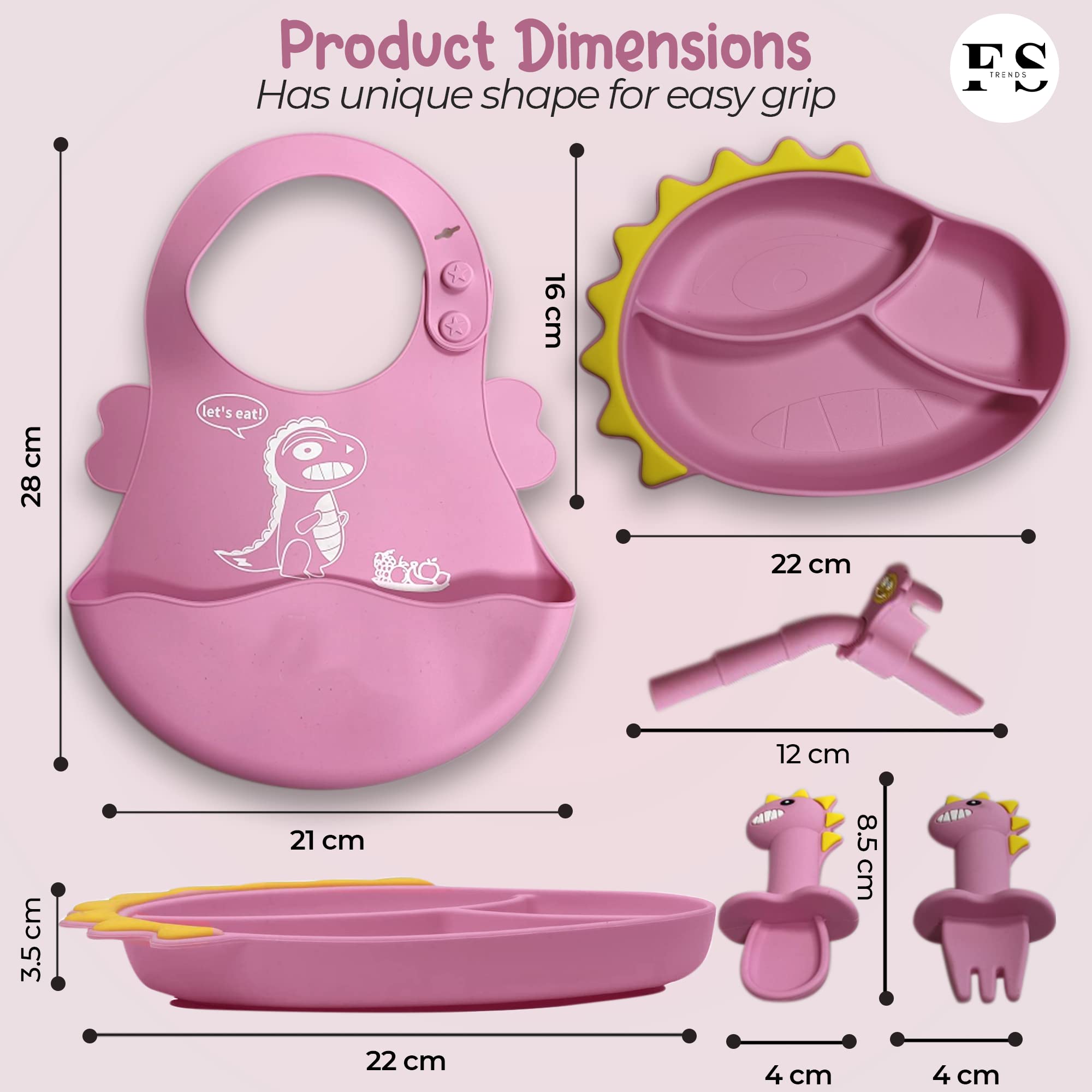 FS TRENDS Dinosaur Silicone Baby Feeding Set, 1pc Split Suction Plate, 1pc Adjustable Bib, 1pc Spoon, 1pc Fork, 1pc Straw, Baby Guided Weaning Supplies Automatic Feeding Tools – Green