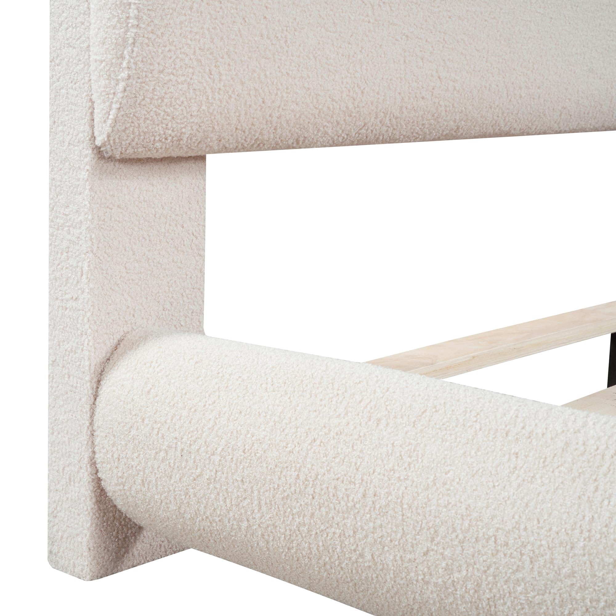 Teddy Fleece Queen Size Upholstered Platform Bed with Thick Fabric, Solid Frame and Stylish Curve-Shaped Design,for Kids Teens Adults Bedroom (Beige@Teddy Fleece, Queen)