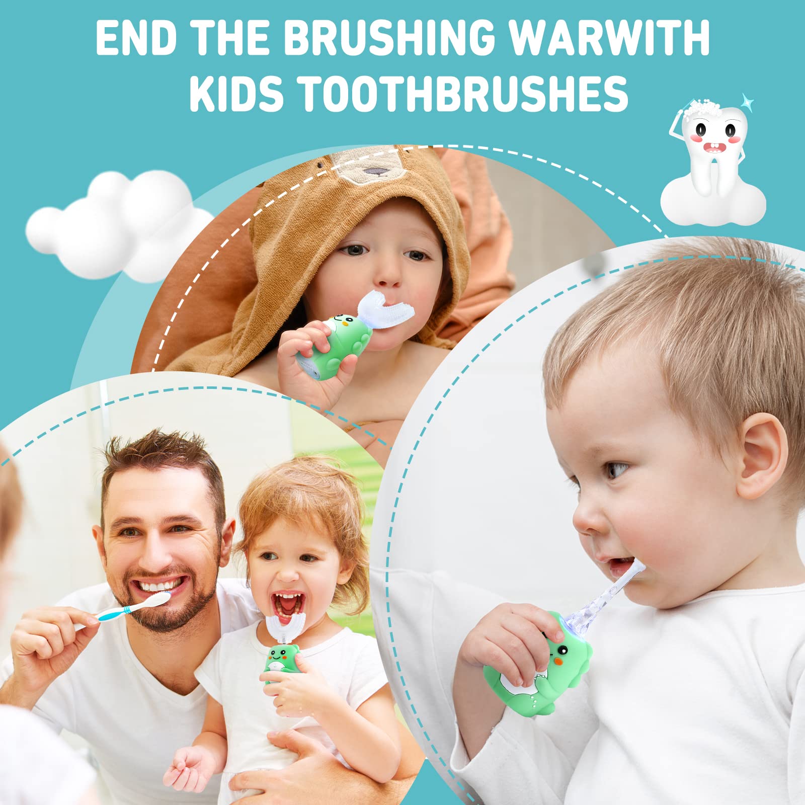 Kids Electric Toothbrushes, U Shaped Ultrasonic Toothbrush, Rechargeable Kids Toothbrush w/Smart Timer, 3 Brush Heads Replacement, 3 Clean Modes, IPX7 Water Resistant for Child 2-6