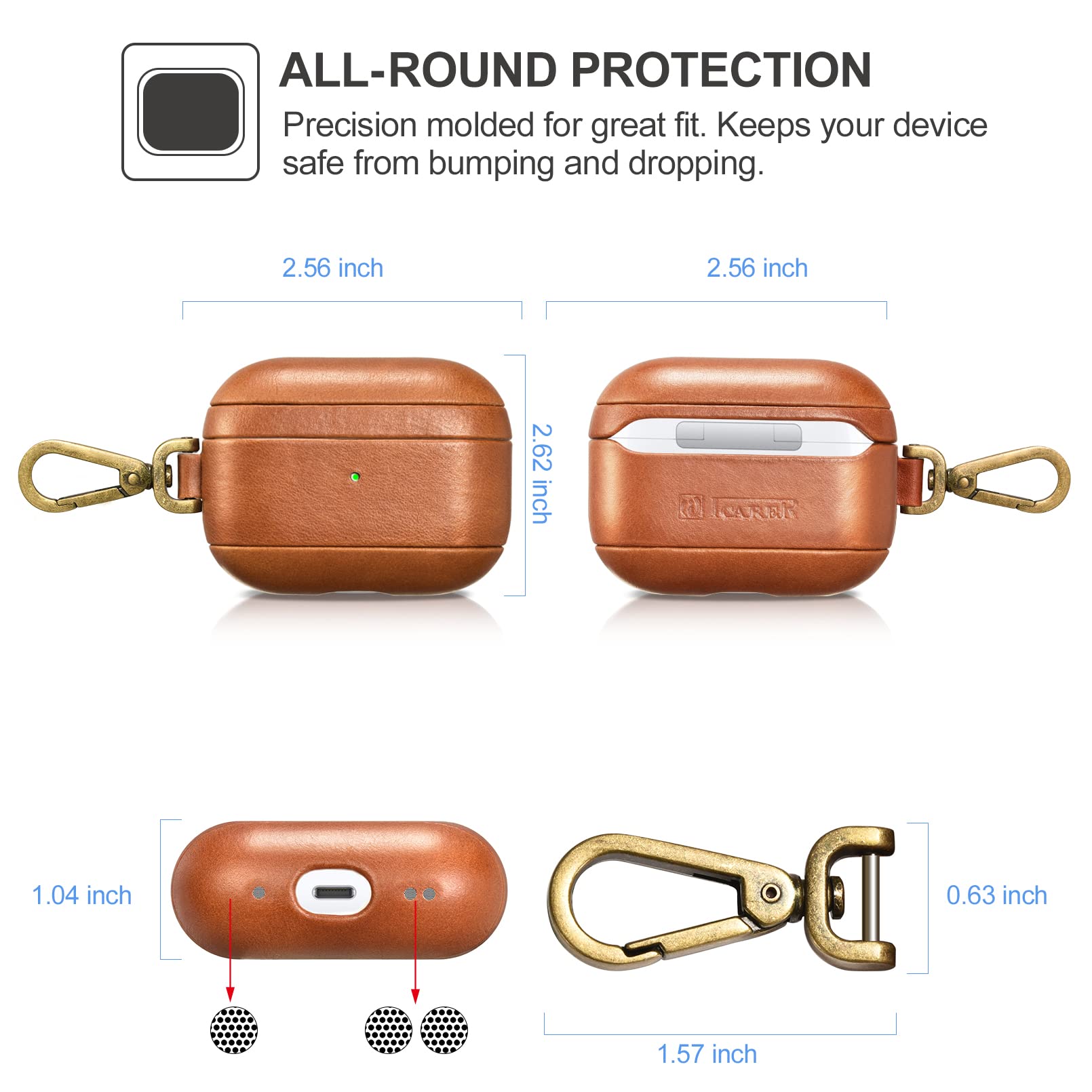 ICARER AirPod Pro 2 Case, Premium Genuine Leather Portable with Metal Keychain Case for AirPod Pro 2nd Generation (Brown)