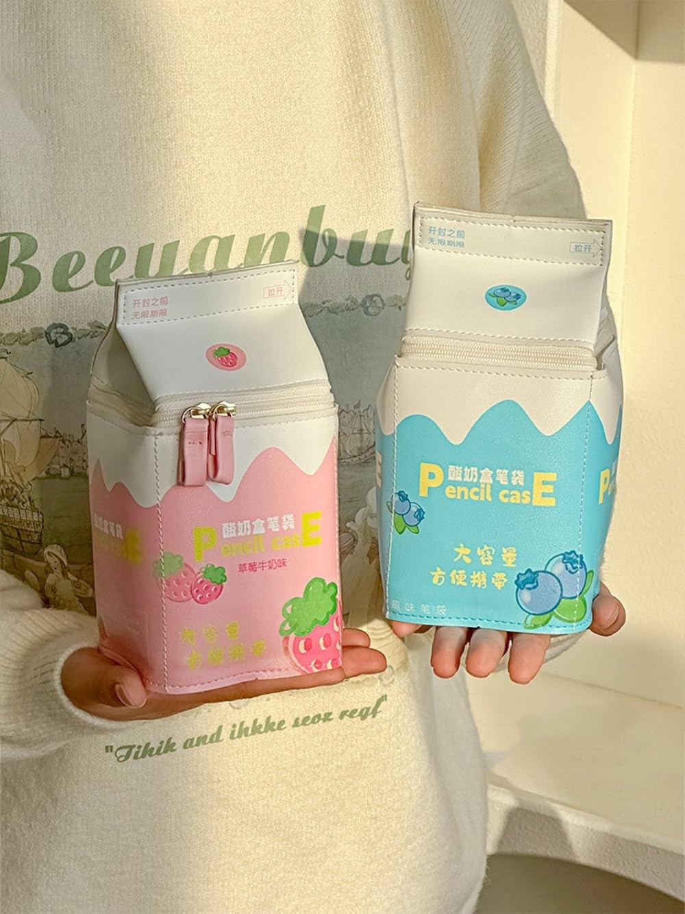 Pen Holder Yogurt Milk Box Shape Big Capacity Blueberry Strawberry Pen Pouch Case Estuche para Lapices (Pink)