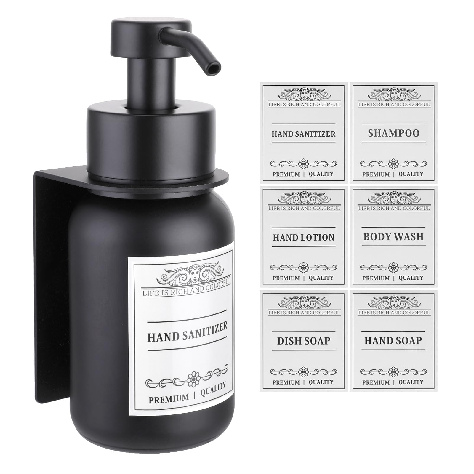 Nobtou Black Soap Dispenser Wall Mount for Bathroom - 8.5 Oz Glass Hand Soap Dispenser with Pump and Drill-Free Wall Mount Holders, Shower Soap Dispenser with Waterproof Labels