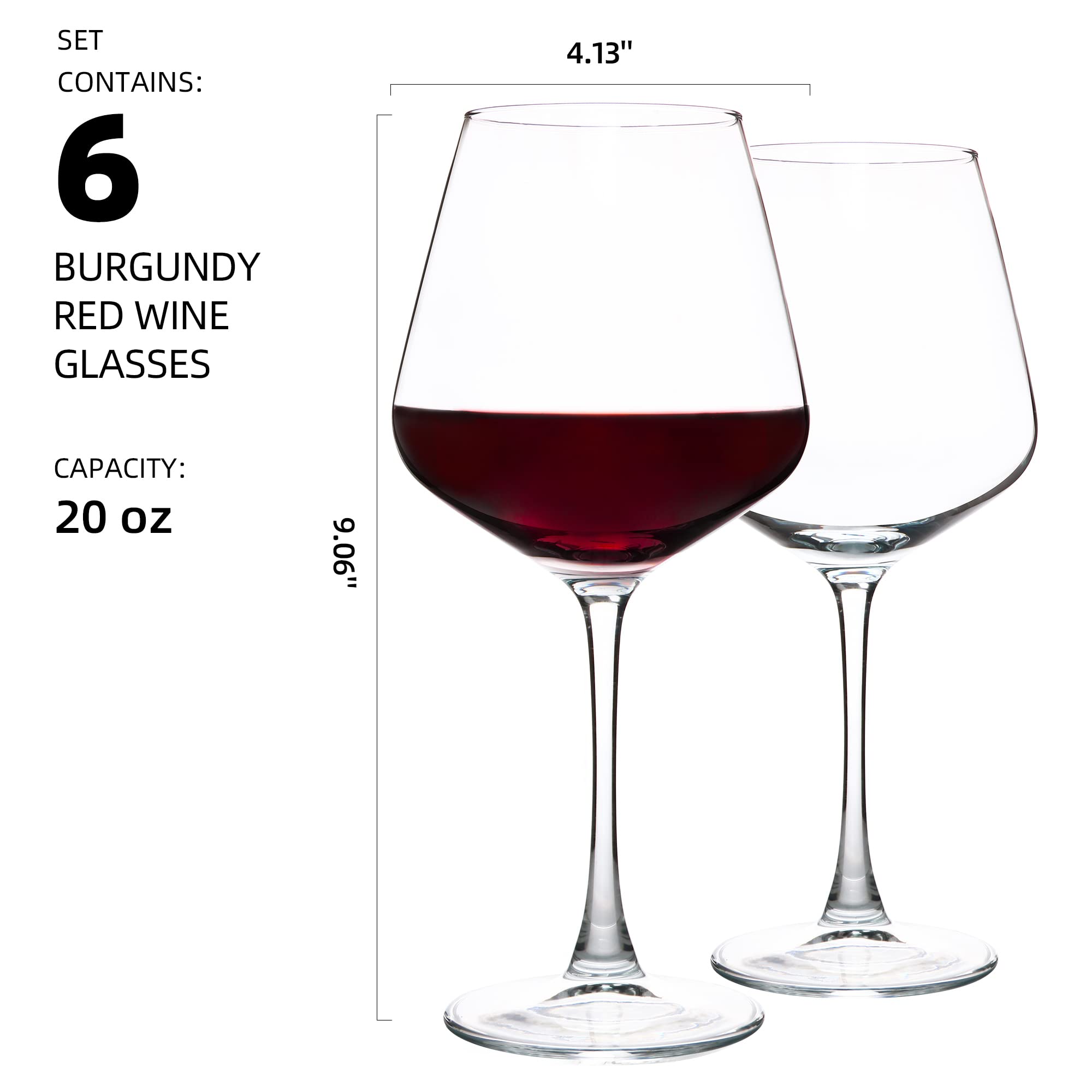 HAKEEMI 20 oz Wine Glasses Set of 6, Burgundy Red Wine Glasses with Stem, Clear