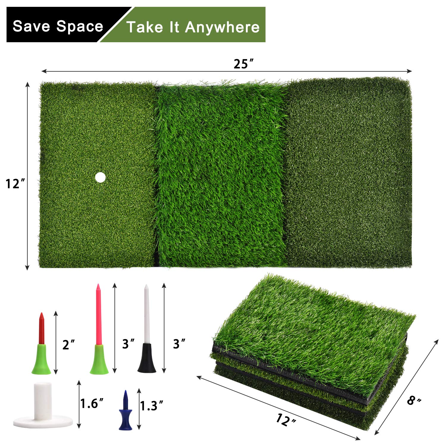 DURARANGE Golf Hitting Mat Mini, Turf Grass 3-in-1 Collapsible Chipping Mat with Tees, Launch Pad for Backyard, Practice Putting Green Training Aids, Indoor | Outdoor