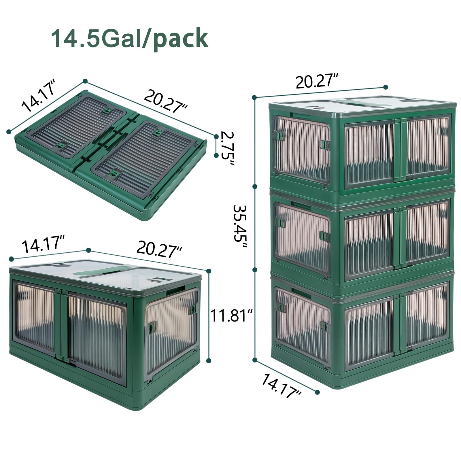 NOCCUR 3 Pack American Style Collapsible Storage Boxes, 14.5Gal Green Plastic Storage Bins with Lids and Doors, for Bedroom, Living Room