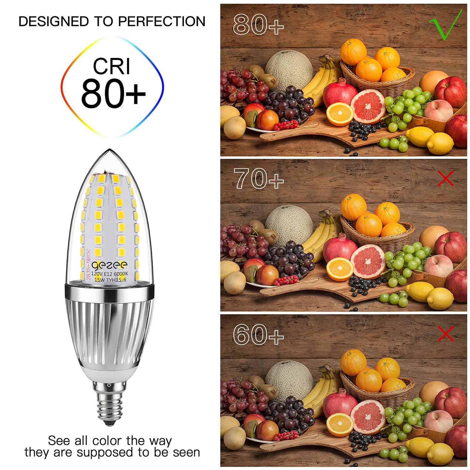 gezee 15W LED Candelabra Bulb, Non-Dimmable, 120Watt Light Bulbs Equivalent,Daylight White 6000K Chandelier Bulbs, E12,120V, 1500Lumens, Torpedo Shape(4 Pack)