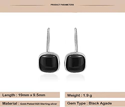 GLPAHA Gold-Plated 925 Sterling silver with black agade simple square dangle earrings for women(1.9g,19mm)