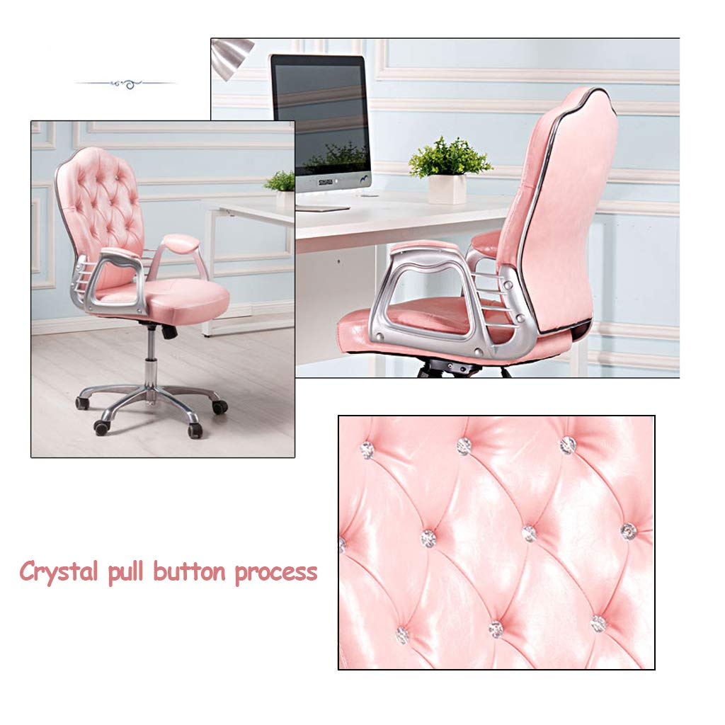 Fubas- Ergonomic Armchair with Casters, Home Office Desk Chair, PU Leather Upholstery-White Crystal Pull Buckle Inlaid Backrest