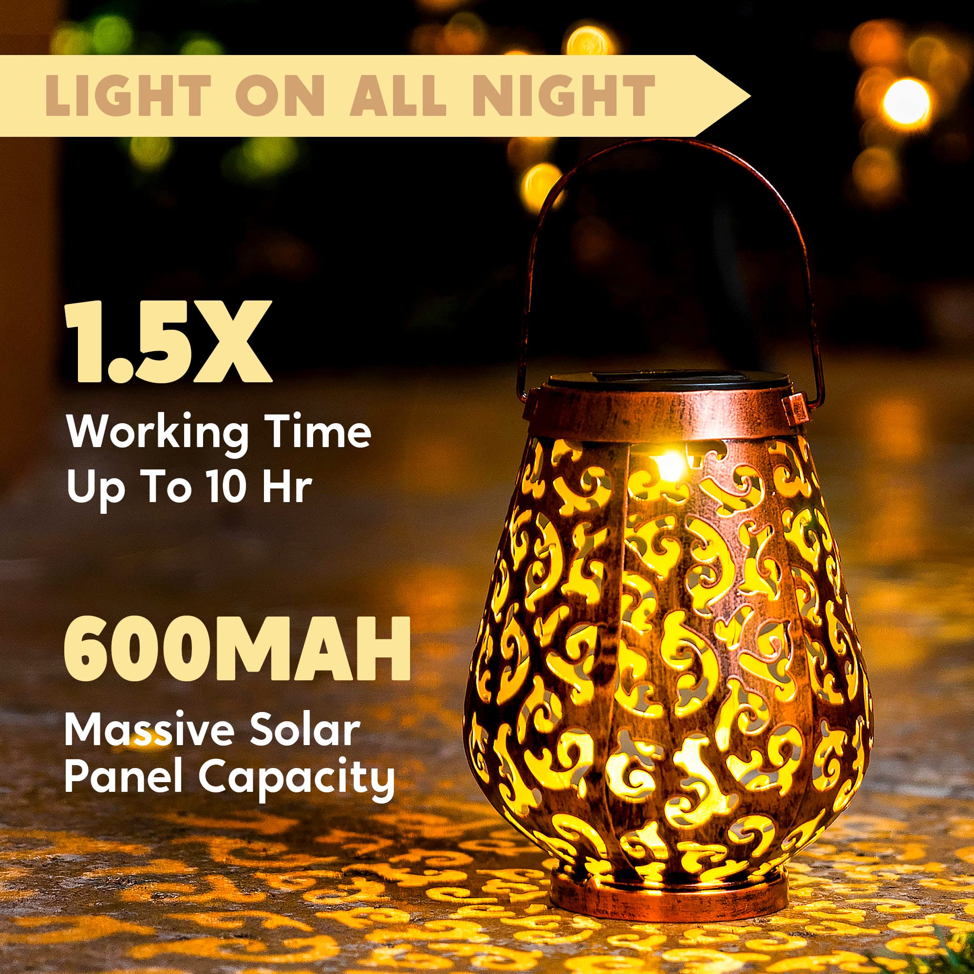 JOIEDOMI 2 Pack Outdoor Solar Hanging Lantern Lights, Waterproof Table Top Solar Lanterns, LED Metal Decorative Garden Solar Lights, Moroccan Lanterns Solar Powered with Handle for Patio