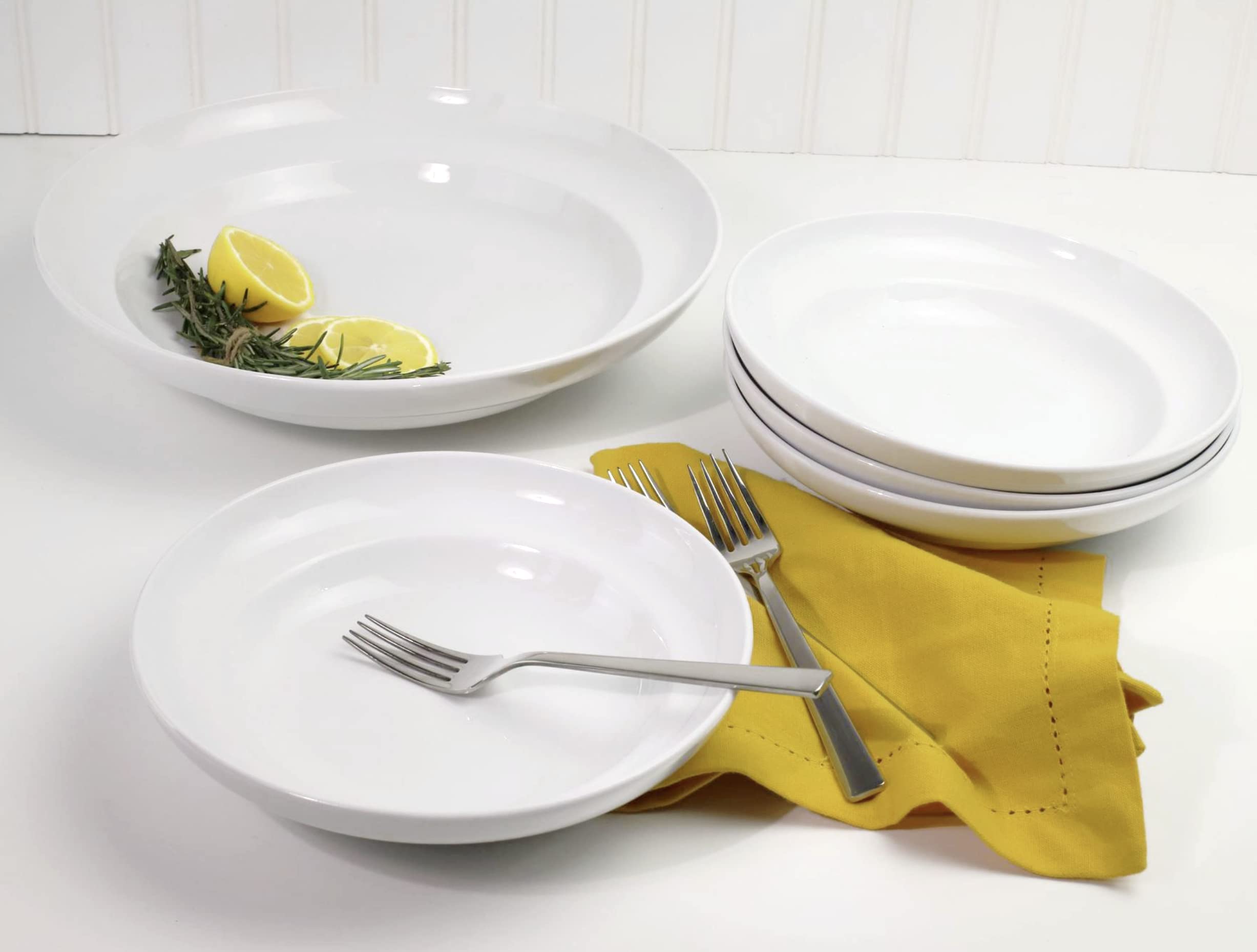 EuroCeramica Essential Bowls Set, 4 Piece 8.9'' Entrée Bowls and 1 Piece 12.99'' Serving Bowl, Classic White
