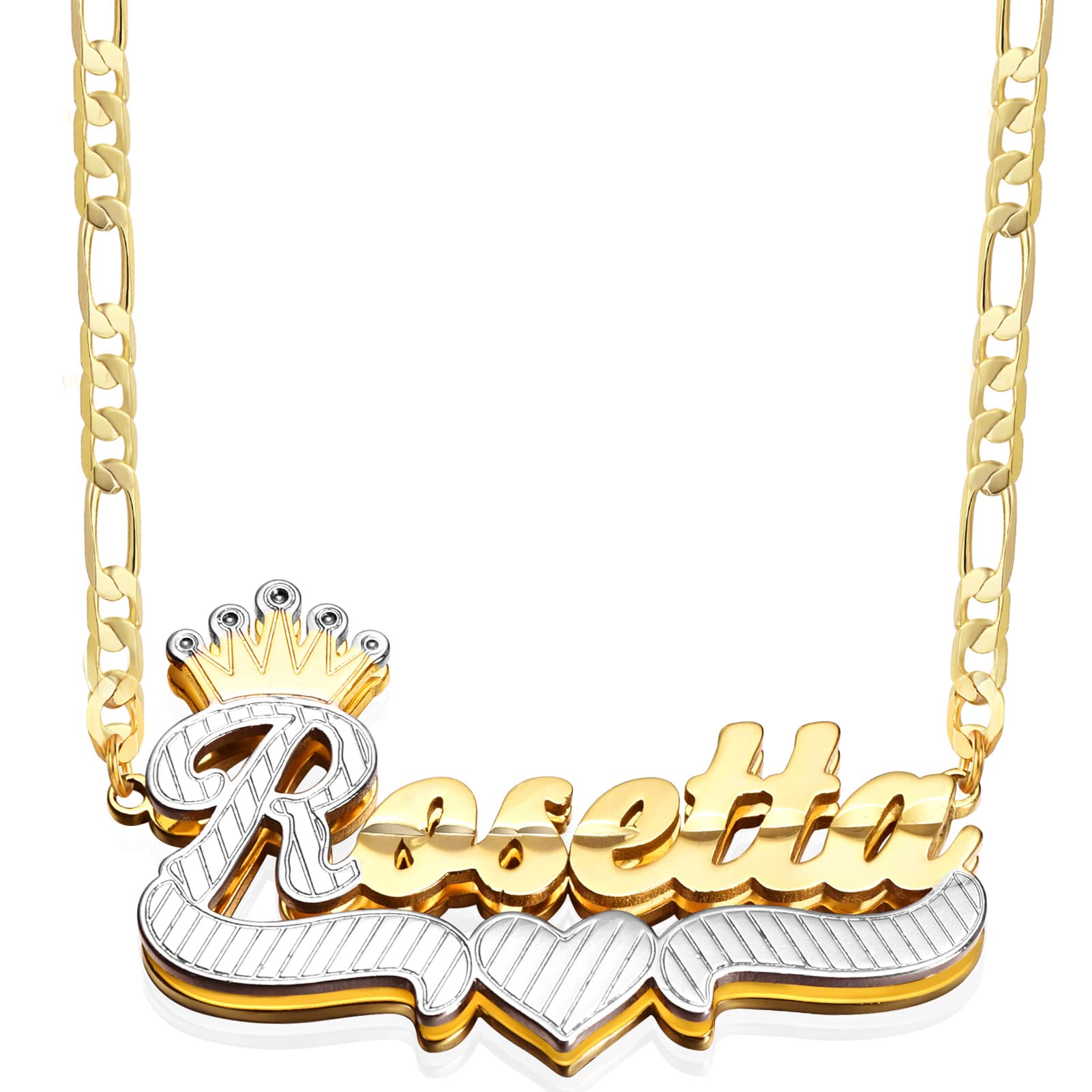 Gemiac Name Necklace Personalized 18k Gold Plated Crown Custom Nameplate Necklace for Women as a Gift (Gold and Silver 11)
