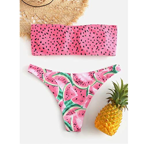 Fanteecy Women's 2 Pieces Bandeau Bikini Swimsuits Strapless Watermelon Print High Cut Bandeau Bikini Set High Waist