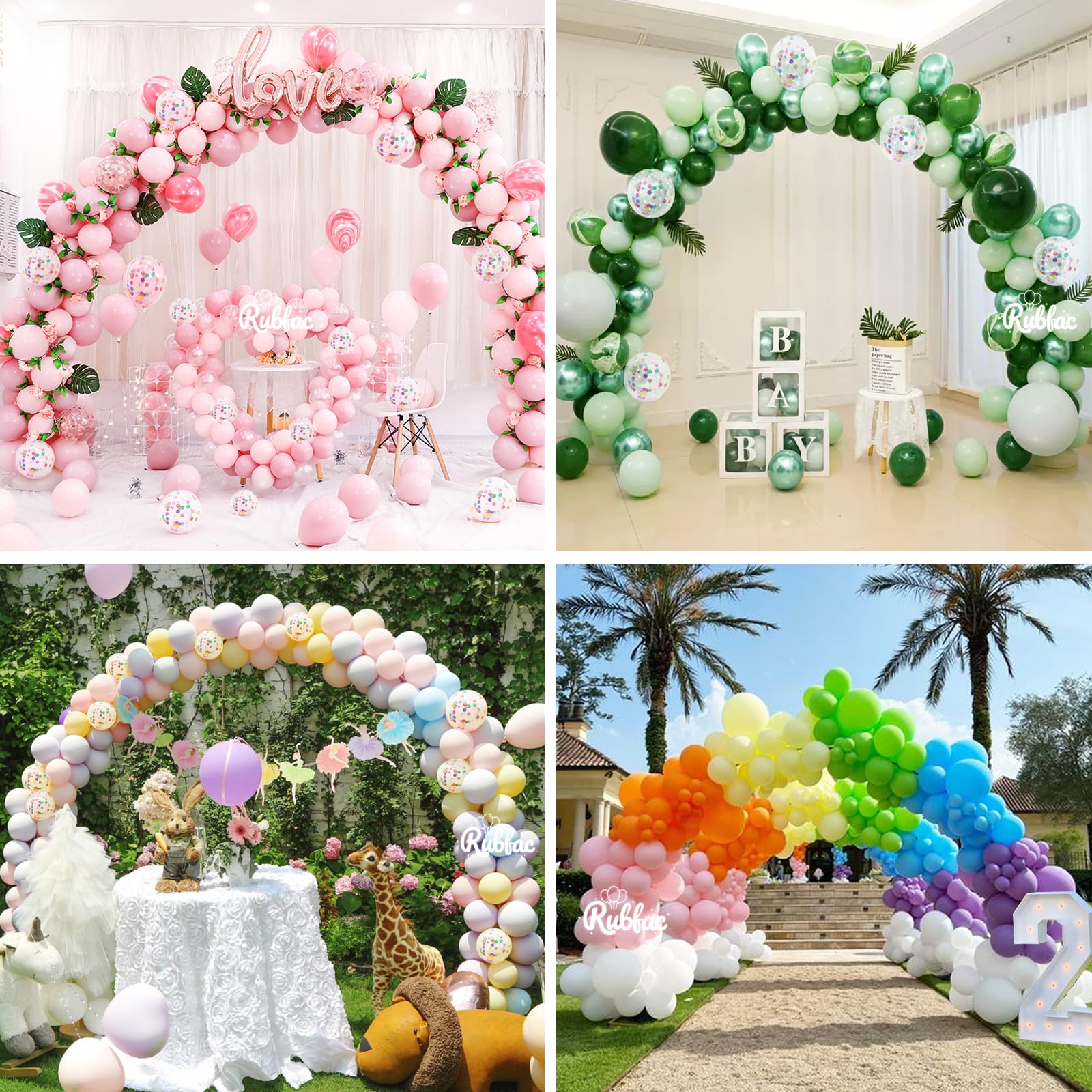 RUBFAC Balloon Arch Kit, 9ft Tall & 10ft Wide Adjustable Balloon Arch Stand with 2 PVC Bases,2 Water Fillable Bags, 60pcs Balloon Clips, 120pcs Rainbow Balloons, for Wedding Birthday Baby Shower