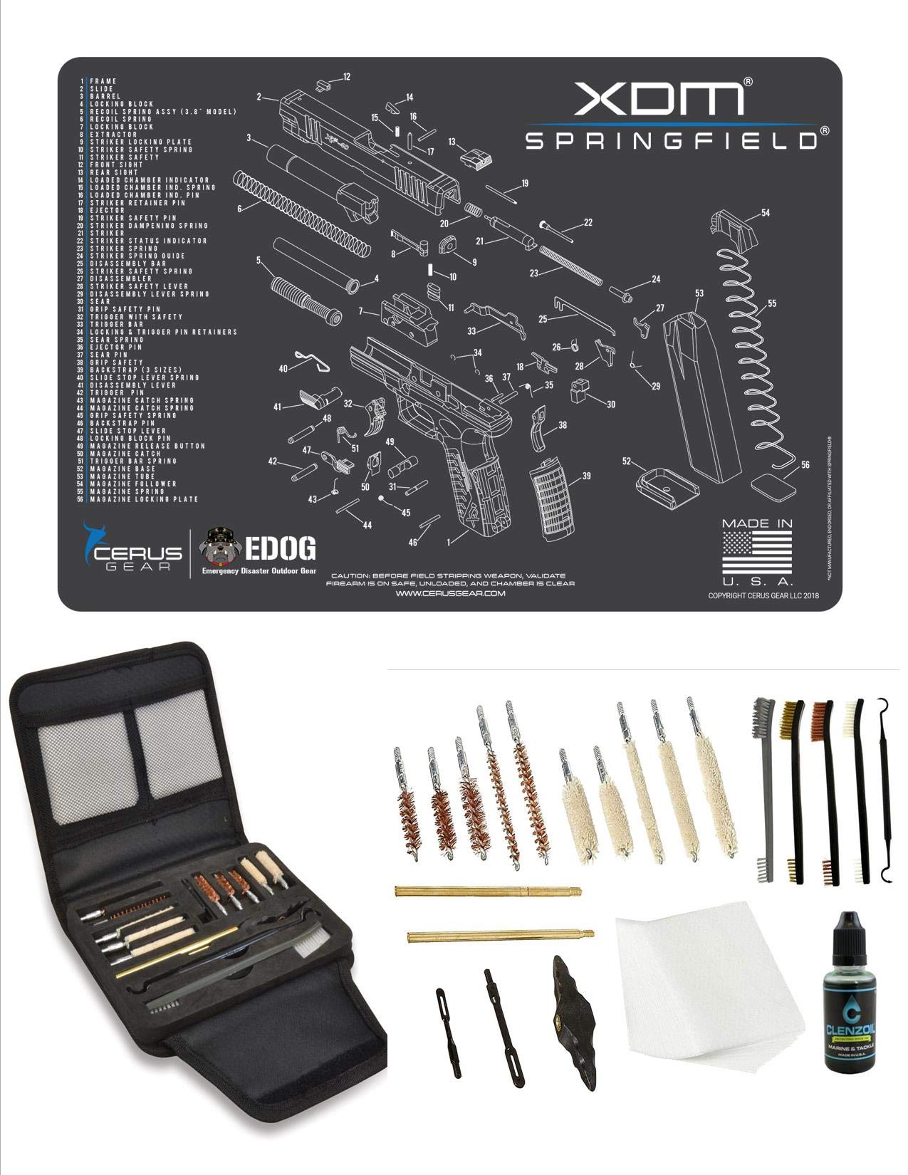 EDOG Gunslinger 20 PC Gun Cleaning Kit - Pistol Mat Compatible with Springfield Armory XDM - Schematic (Exploded View) Mat, Gunslinger Universal .22 .38 .357 9mm .40 & .45 Caliber Kit
