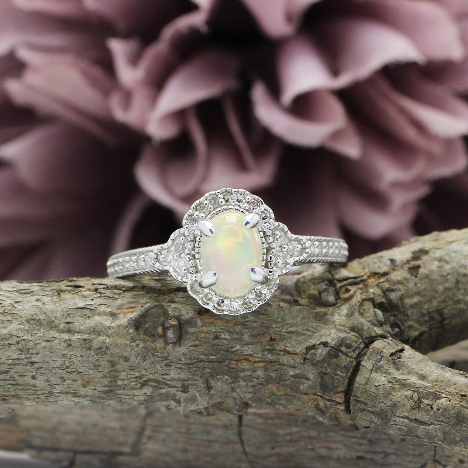 Gemvio Collection 3/4 CT 7X5MM Oval Cut Natural White Opal Gemstone With Diamond Frame Vintage-Style Ring In 14K Solid White Gold Engagement Wedding Ring (0.75Cttw)-8