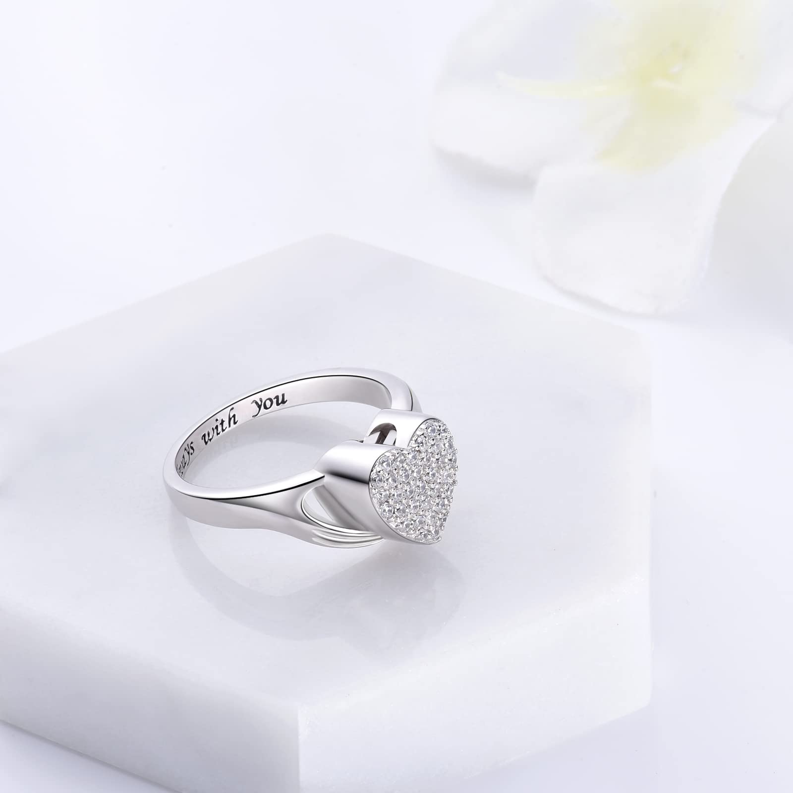 Heart Urn Ring for Ashes Keepsake Rings with Cubic Zirconia Sterling Silver Hug Ring for Ashes for Women(6)