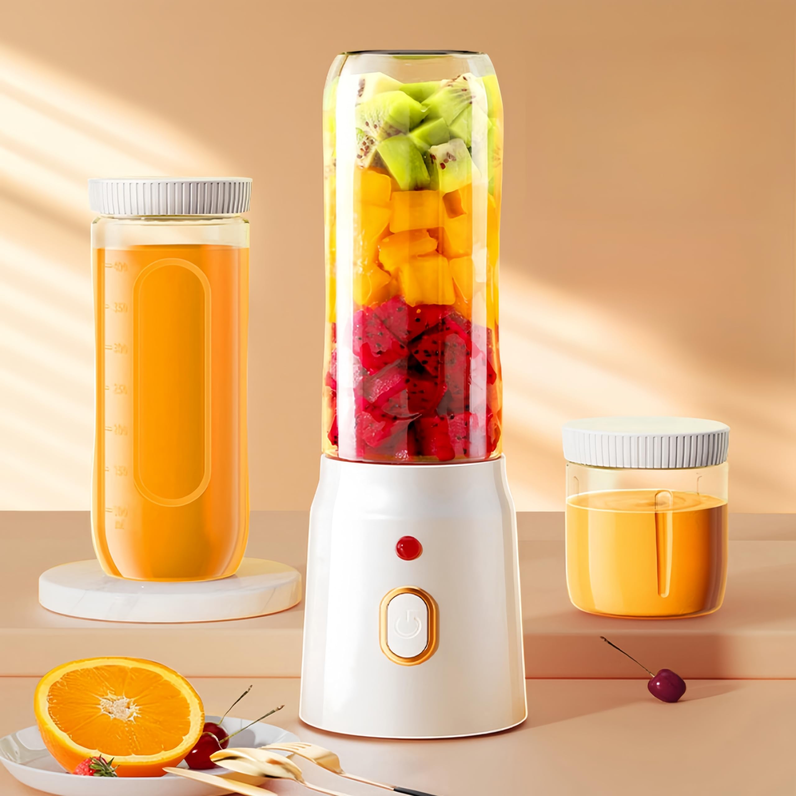 Personal Size Blender for Milkshakes and Smoothies, 15.6 oz Portable Blender, 10 Steel Blades, Cordless Blender, 21000r/min, Multi-Function Blender with 2 Cups, Travel-Friendly - White