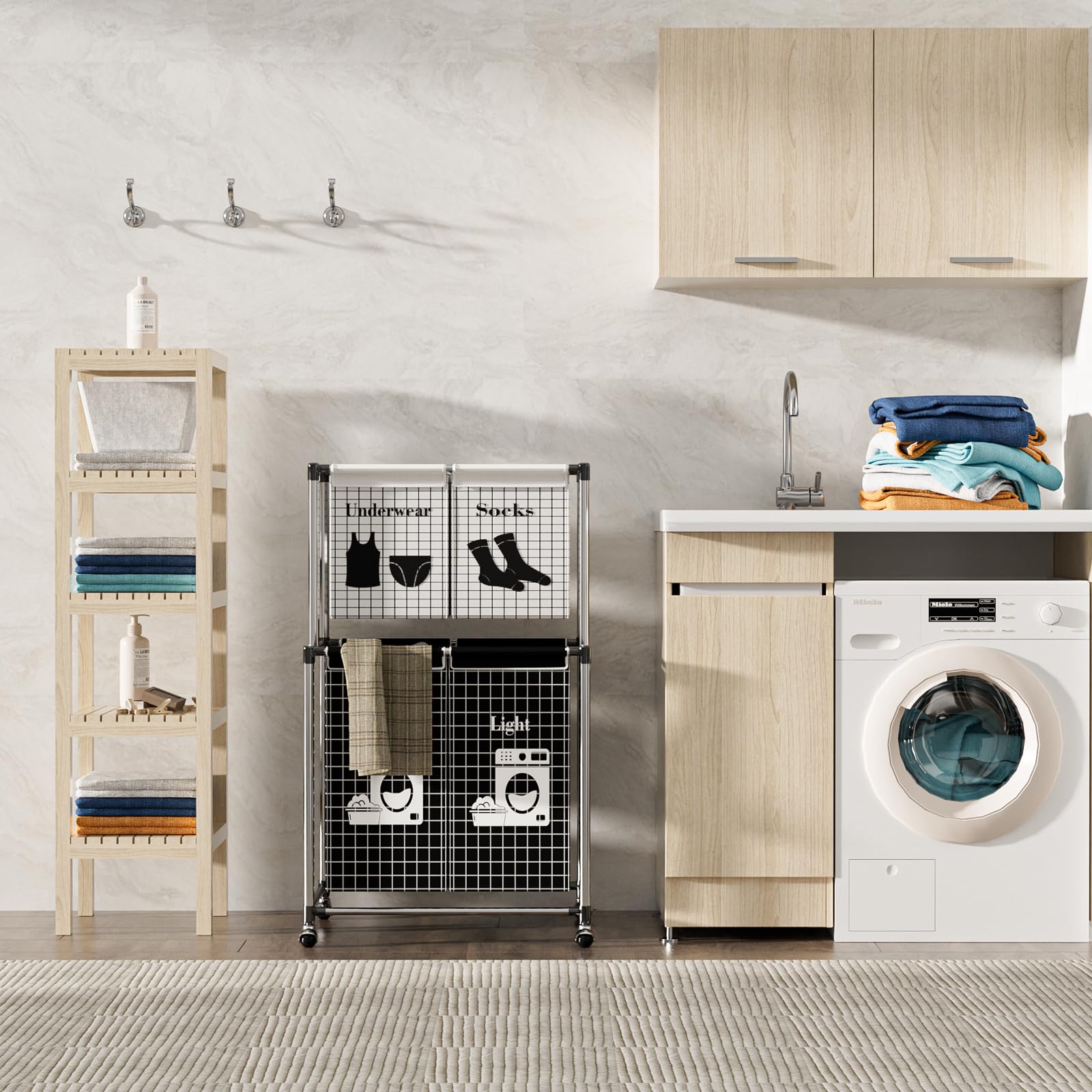 TENNTOU Heavy Duty Laundry Sorter, 4 Sections Laundry Hamper with Lockable Wheels, Rolling Laundry Basket Organizer with Large Capacity and 4 Removable Bags, in Laundry Room, Bathroom, Closet