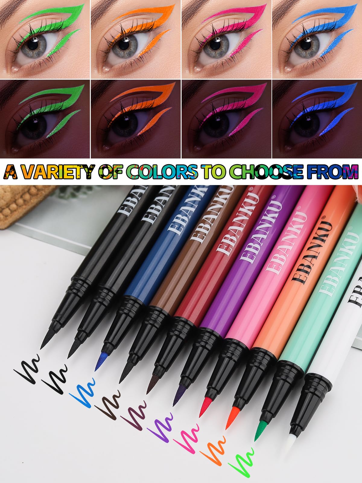 EBANKU 9 PCS UV Glow Neon Matte Liquid Eyeliner Set with 1 PCS Lash Glue Colorful Long Lasting Eyeliner Pencil Halloween Christmas Eyes Makeup Kit