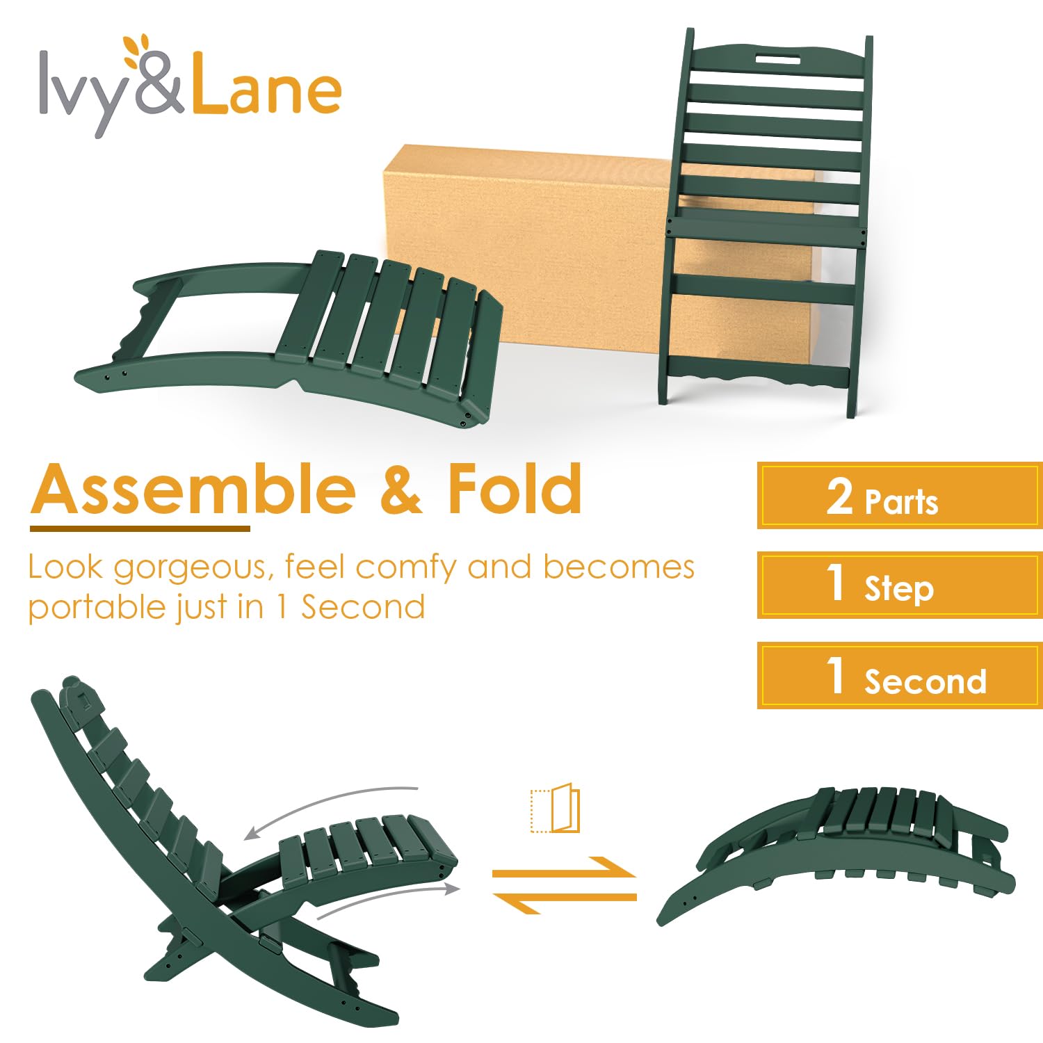 IVY&LANE Portable Xavier-Chairs Set of 4 | Folding-Adirondack-Chair | Wave | HDPE Plastic | Limited Edition | Forest Green | All-Weather Resistant | for Outdoor Fire-Pit Patio Lawn Beach Poolside
