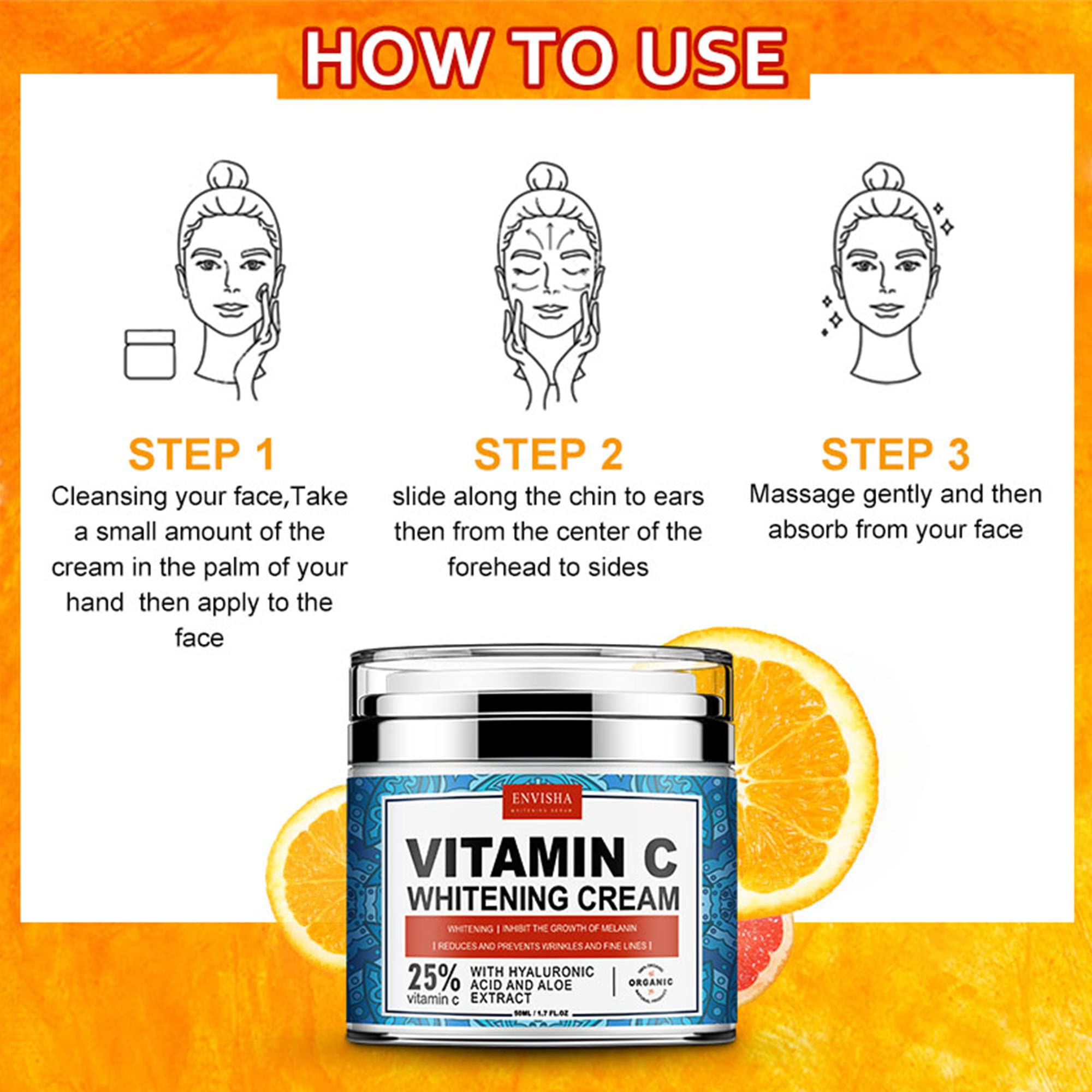 ENVISHA Vitamin C Moisturizing Cream for Face - Improves Skin Texture, Glow and Elasticity - Reduces Wrinkles, Fine Lines and Dark Spots - 50ml