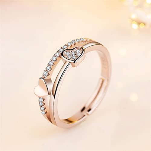 Guoshang Women Double Layered Heart Shape CZ Crystal Ring Rose Gold Silver 2 Colors Simulated Diamond Ring Opening Ring,Gold,1 Pc