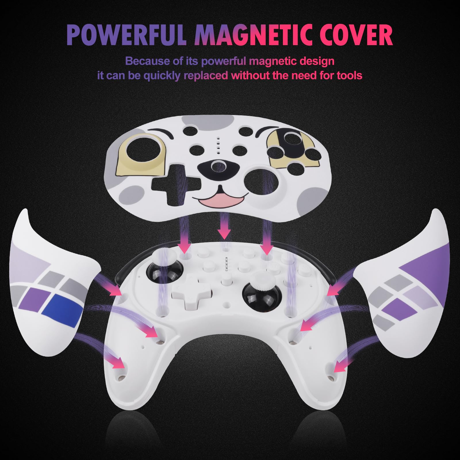 KINGEAR Wireless Switch Controller, Cute Dog Switch Pro Controller for Switch/Lite/OLED, Gaming Controller Gamepad with Wake-up,Dual Vibration,Gyro Axis,Turbo & Programmable Function,2 DIY Magnetic Replacement Cover(Purple+Pink)