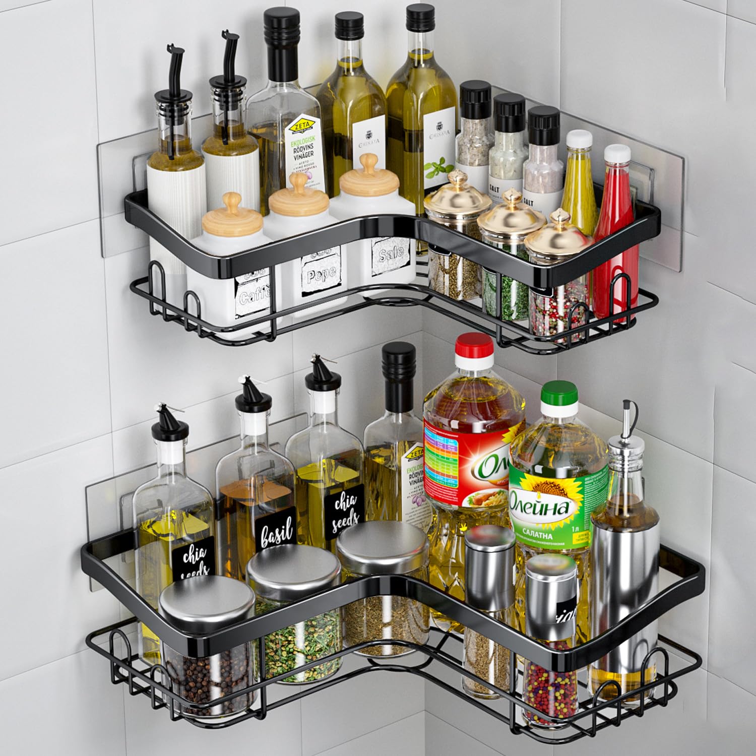 KiKiRico Corner Shower Caddy, 2 Pack No Drilling Shower Organizer with 8 Hooks, Adhesive Rustproof and Waterproof Stainless Shower Shelves for Bathroom, Black Storage Racks