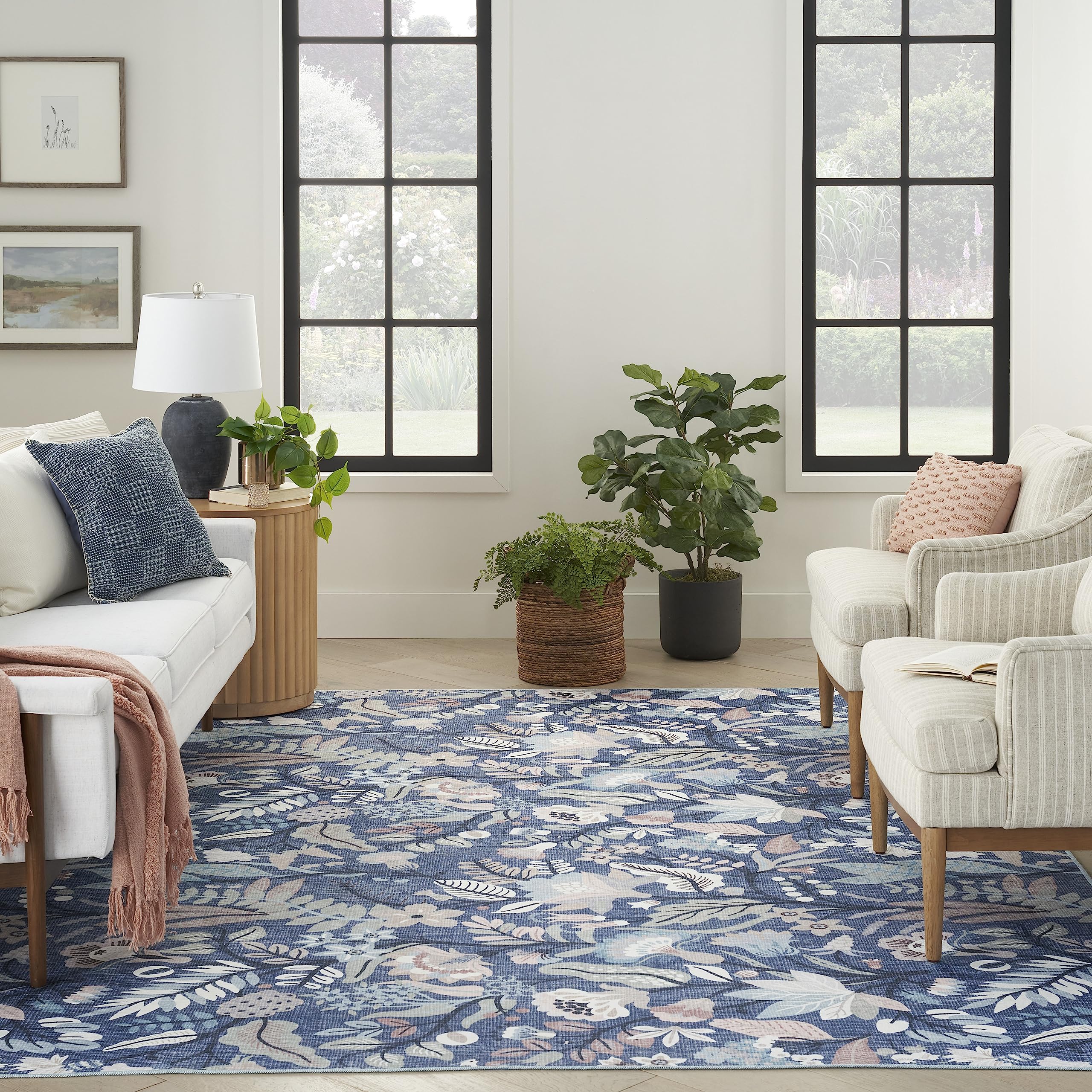 Nourison Washables Floral Navy Multicolor 5'2" x 7' Area -Rug, Easy -Cleaning, Non Shedding, Bed Room, Living Room, Dining Room, Kitchen (5x7)