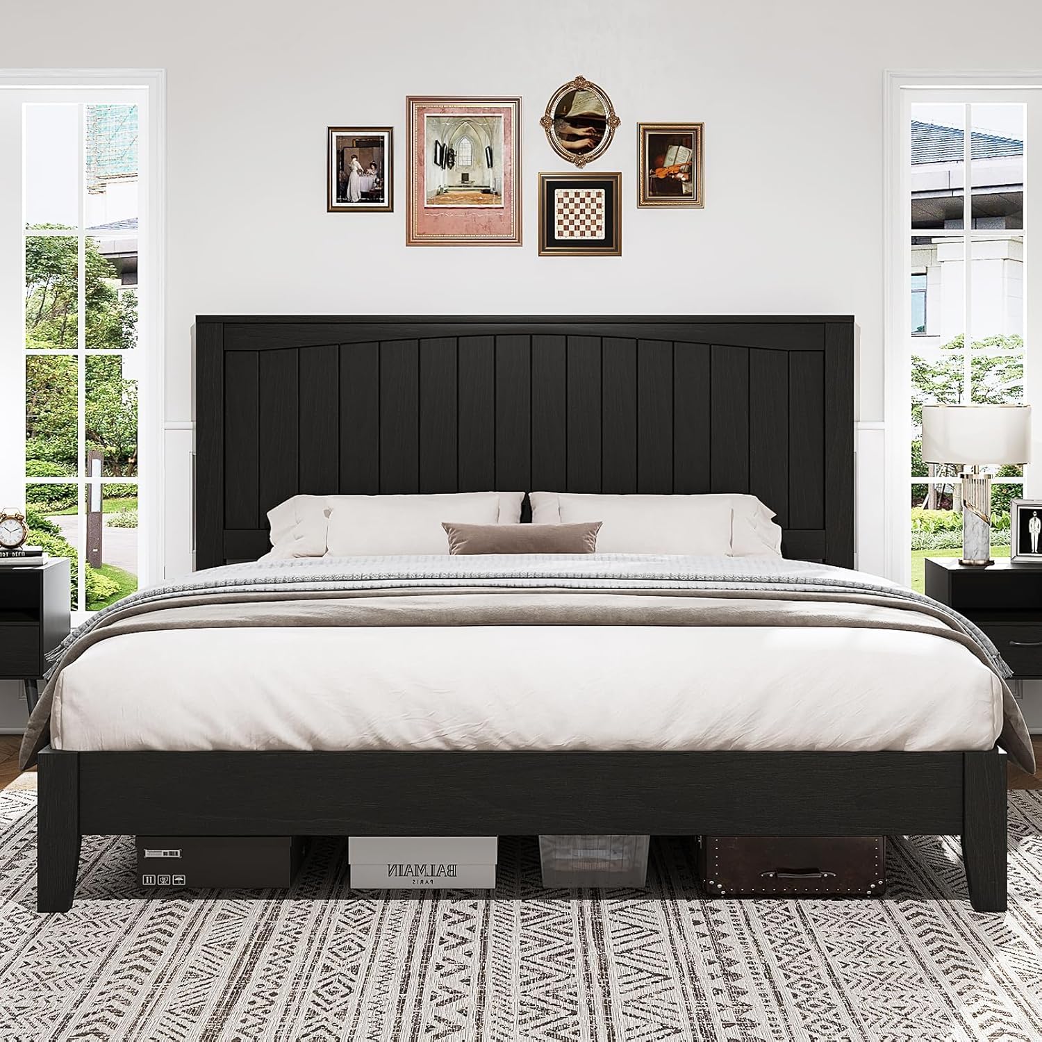 LUXOAK Queen Size Solid Wood Bed Frame with 48.4 inch Tall Headboard, Mid-Century Modern Platform Bed with Wooden Slats and Metal Frame. No Box Spring Needed, Easy Assembly, White