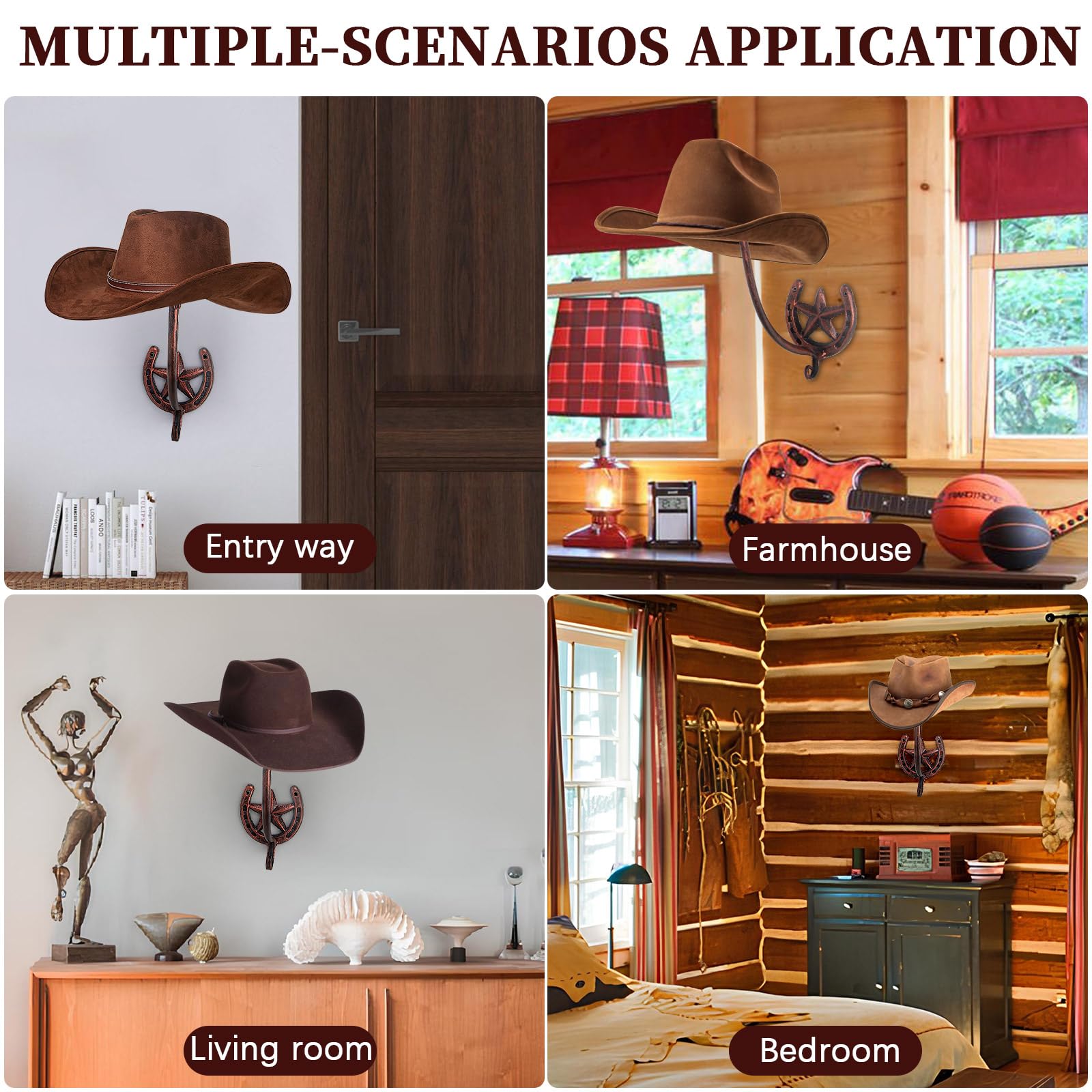 Kilarero Cowboy Hat Rack, 2 Pack Rustic Metal Cowboy Hat Holder with Hooks Horseshoe Cast Iron Hat Hanger for Wall Western Home Decor Storage and Display - Keeps Original Shape