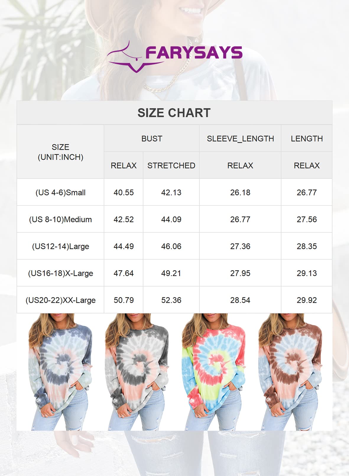 FARYSAYS Women's Casual Color Block Tie Dye Crewneck Long Sleeve Loose Pullover Sweatshirt Tops Multicolored Small