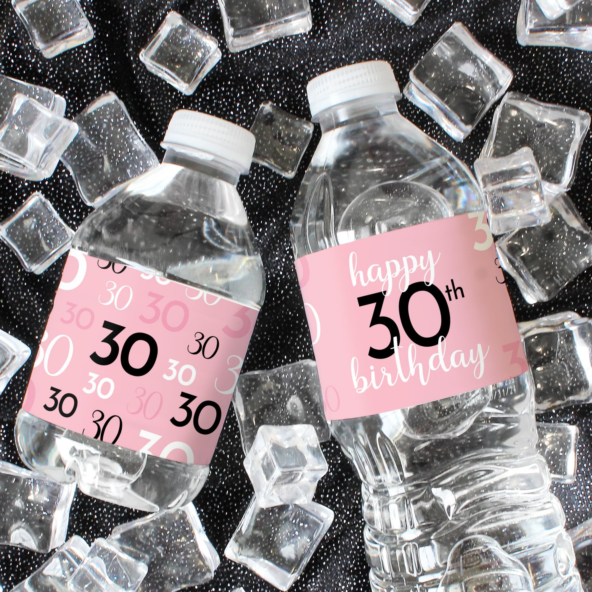 Pink, Black, and White 30th Birthday Party Water Bottle Labels - 24 Waterproof Wrappers