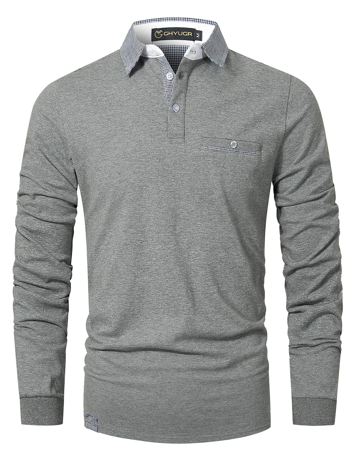 GHYUGR Mens Long Sleeve Polos with Classic Plaid Splice Golf Polo Shirts,Red 1,XXXL