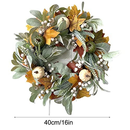 Fall Tiered Tray Decorations Set, Fall Wreath For Front Door, Autumn Wreath With Maple Leaf,Artificial Pumpkins Wreath,Thanksgiving Decoration, Halloween Pumpkin Decorations Outdoor 1 PC Garland 16 IN