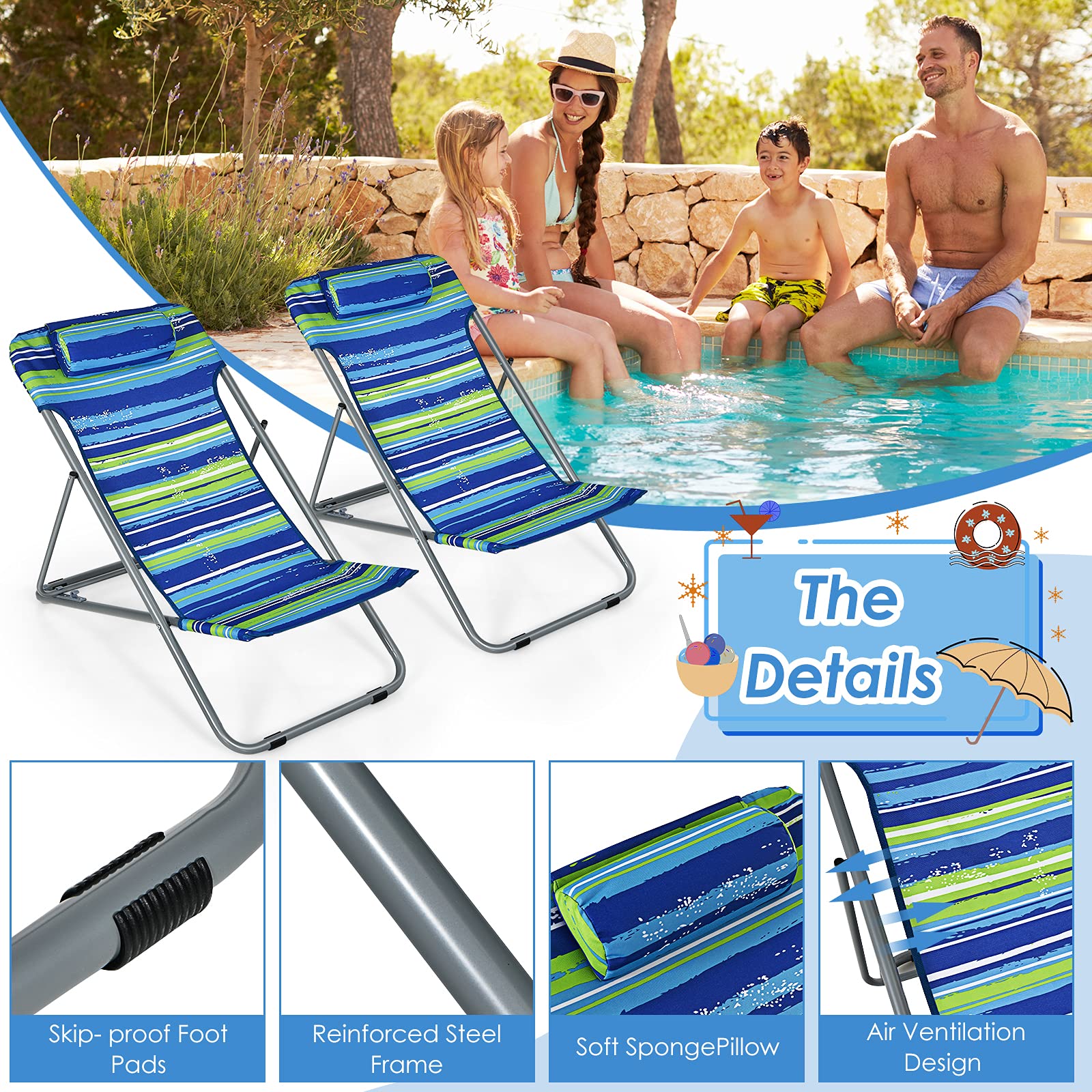 Giantex Beach Chair for Adults Camping Chair Set, Sunbathing Backpack Folding Recliner with 3 Adjustable Position, Lockable System, Headrest, Non-Slip Foot Pads, Lightweight Sand Chair (2, Green)
