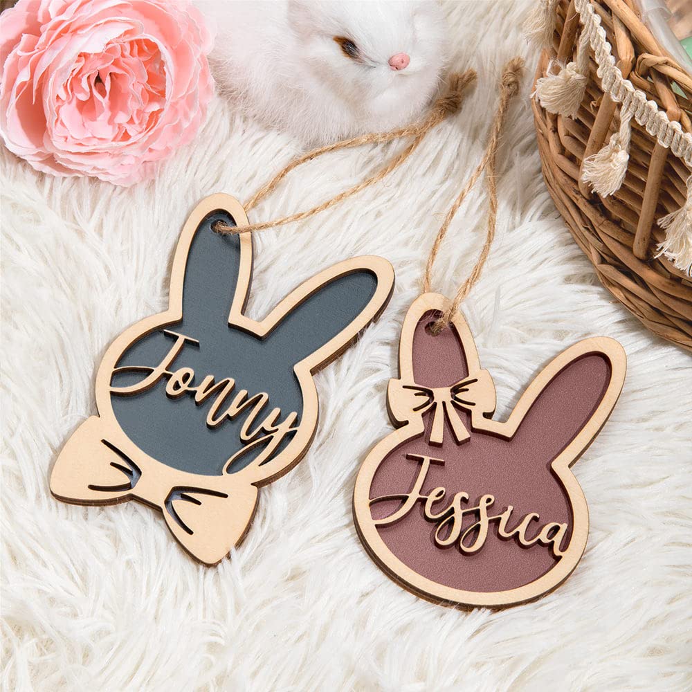 Personalized Rabbit Bunny Wooden Basket Tag Ornament with Name Easter Gift for Kids