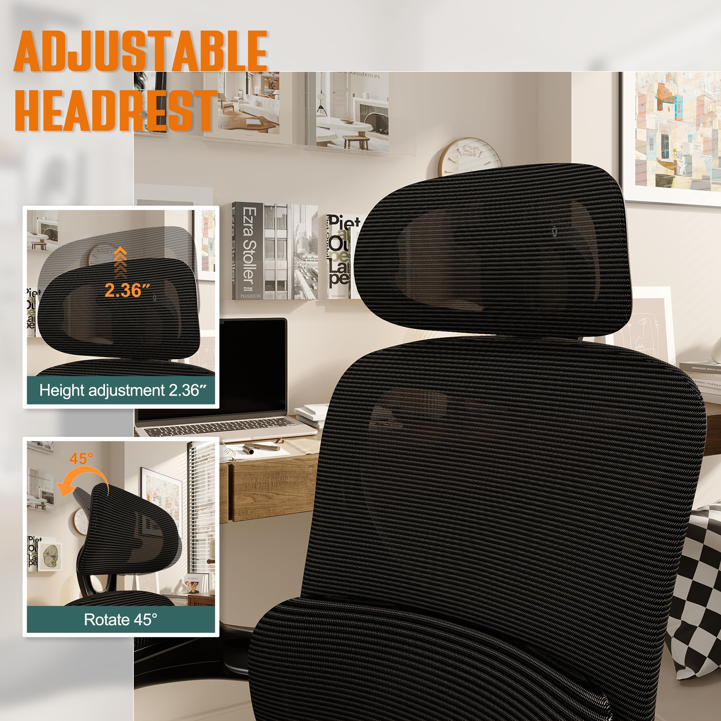 Ergonomic Office Desk Chair, High Back Mesh Chair with Flip-Up Arm, Headrest, Swivel Rolling Wheel, Adjustable Lumbar Support, Big and Tall Comfy Computer Gaming Task Chairs for Adults