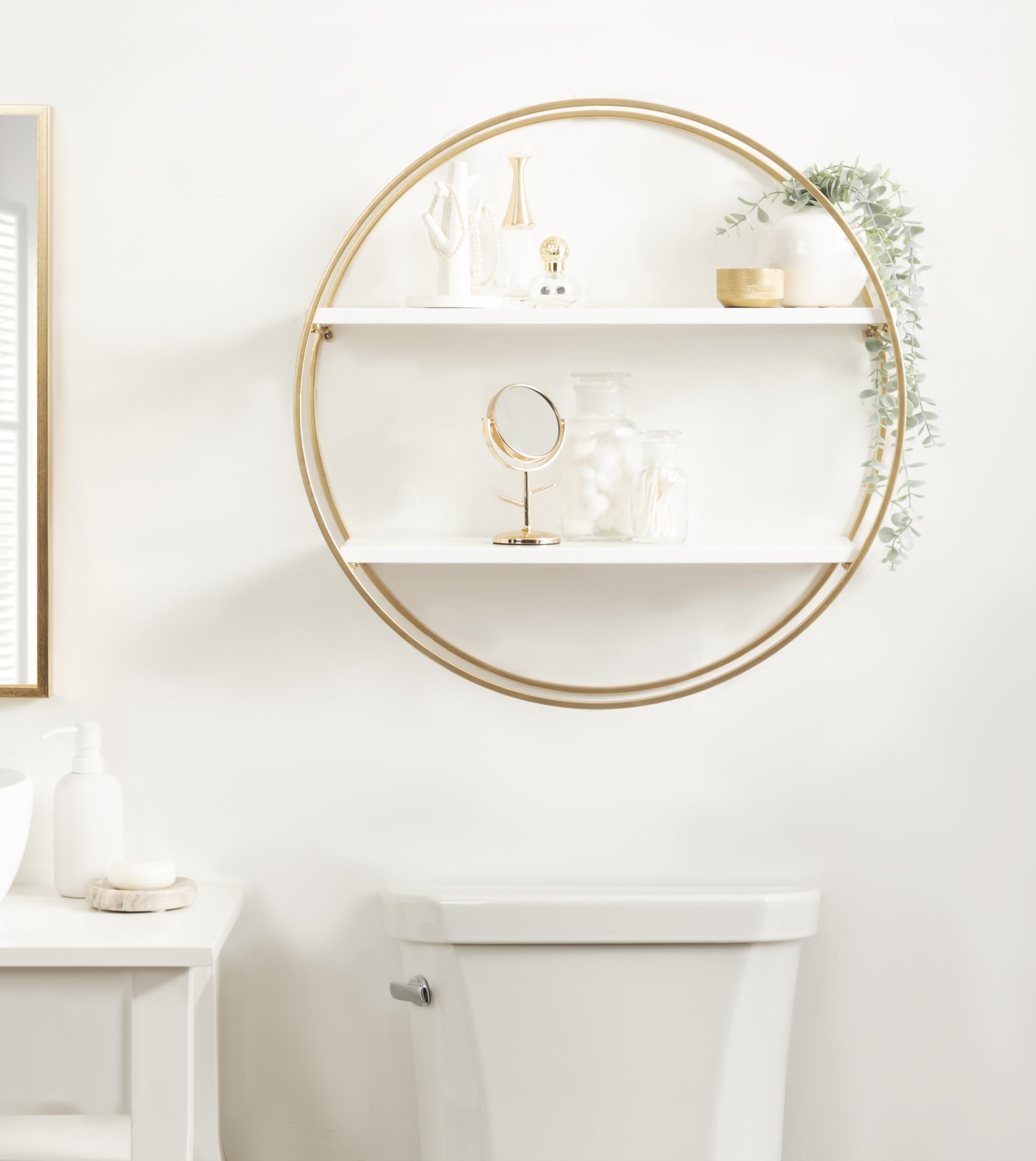 Kate and Laurel Sequoia Modern Round Wall Shelf, 24 Inch Diameter, White and Gold, Contemporary Glam 2-Tier Floating Shelf Decor for Living Room, Bedroom, or Bathroom Display