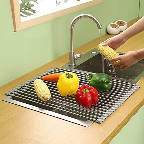 HCXMDY Roll Up Dish Drying Rack Over The Sink Kitchen,Stainless Steel Drying Rack for Farmhouse Sink,Rv Sink Cover Kitchen Sink Accessories,Telescopic Sink Rack(L:20" - 11",W:13")